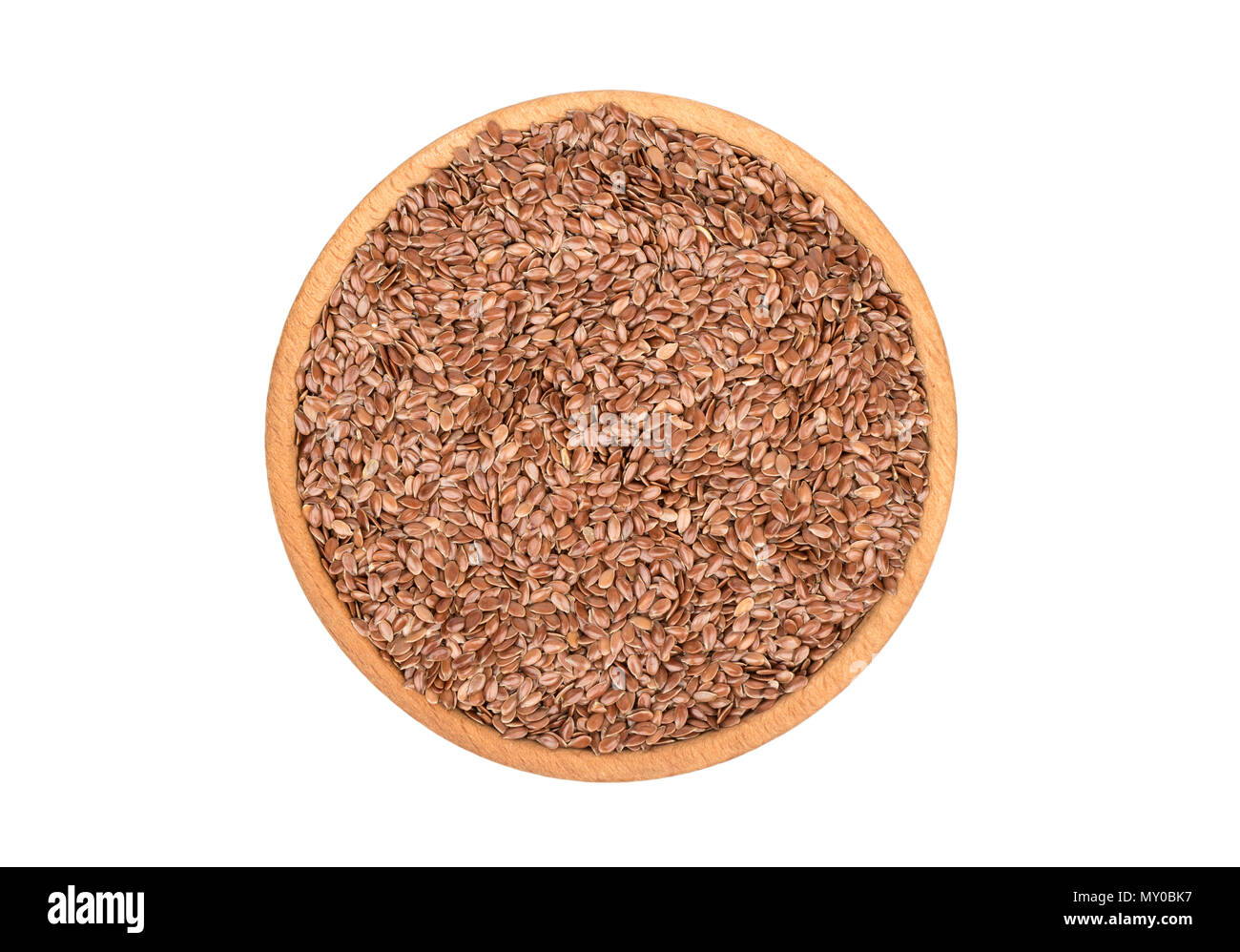 Wooden Bowl Filled With Flax Seeds Isolated On White Background Top