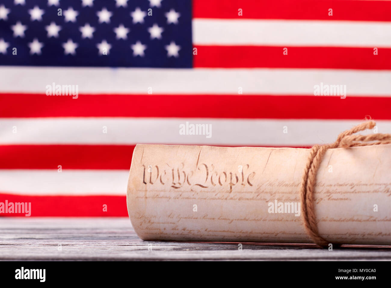 Close up Constitution of US on USA flag background. Declaration of ...