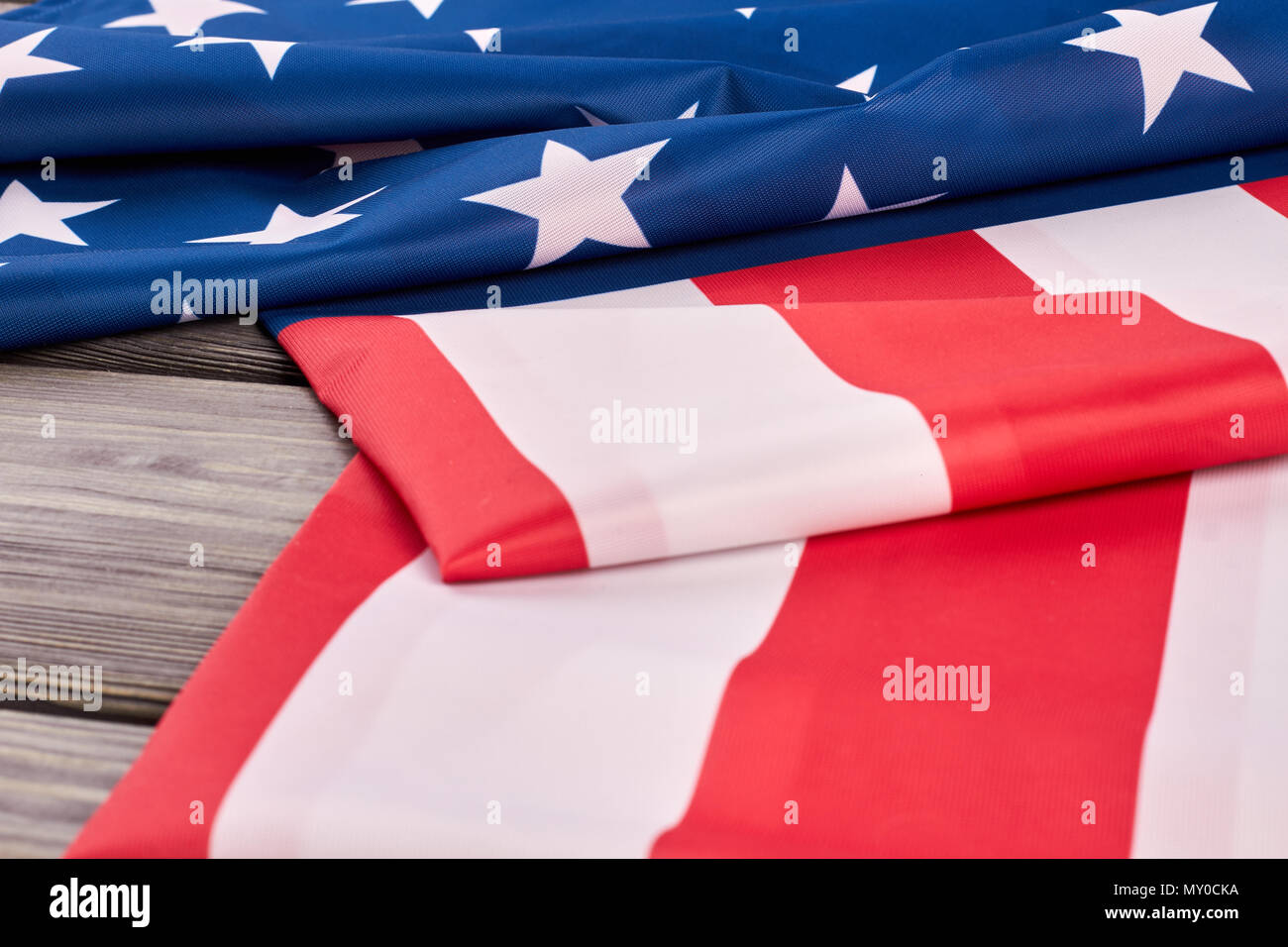 Close up flag of United States of America. Satin fabric American USA ...