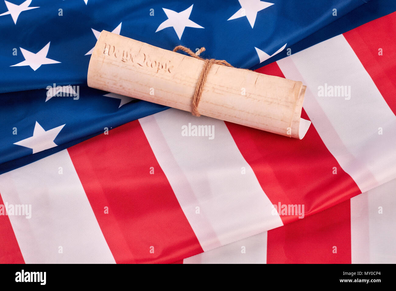 US Constitution on national flag of USA. United States constitution ...