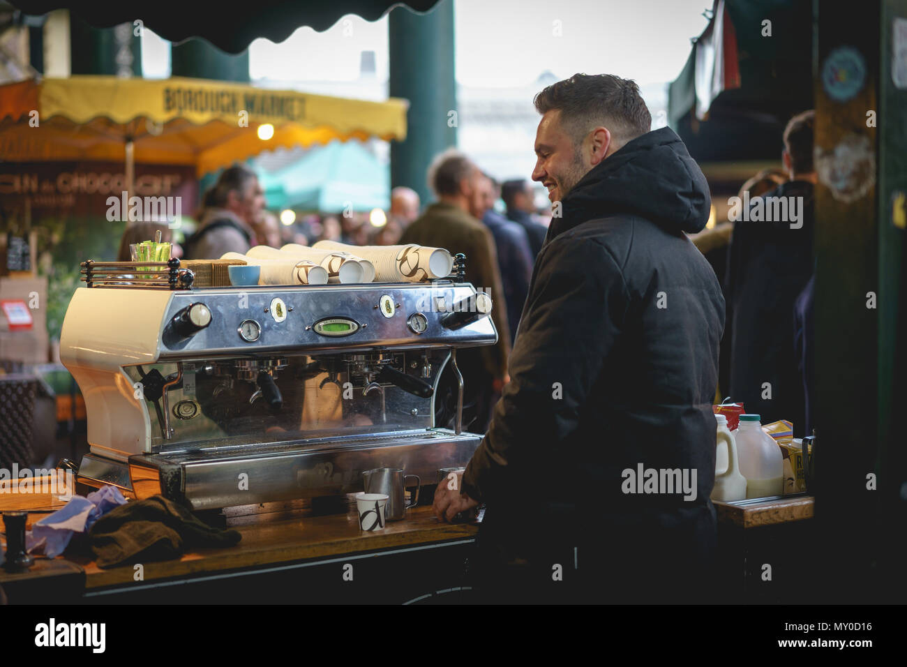 London, UK - November 2017. Coffee stall in Borough Market, one of the ...