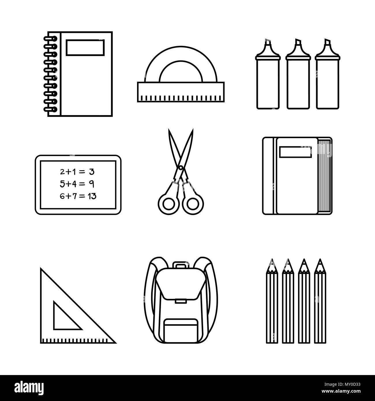 Icons set supplies school Black and White Stock Photos & Images - Alamy