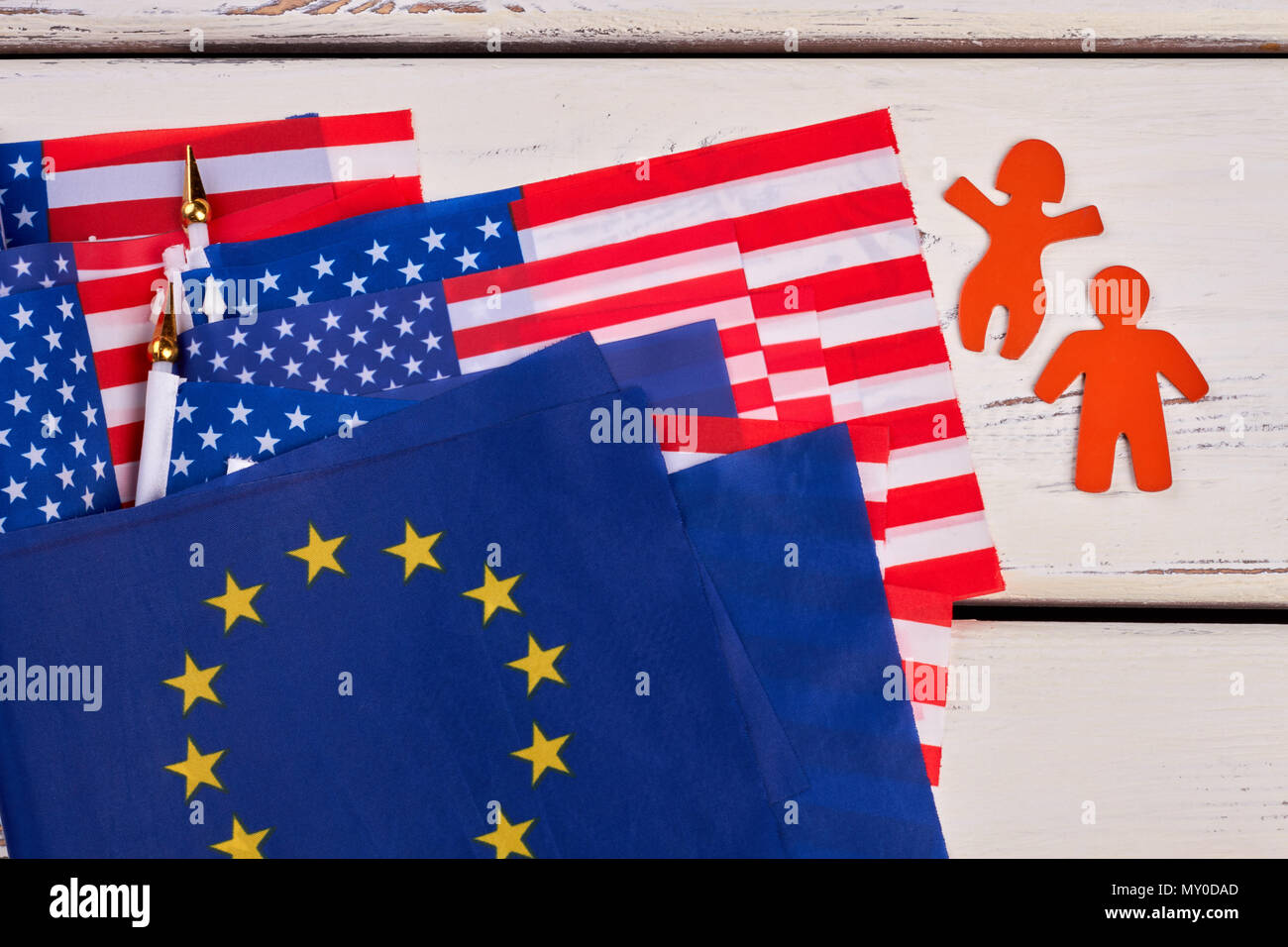 Set of flags, man and woman paper silhouettes. Collection of American ...