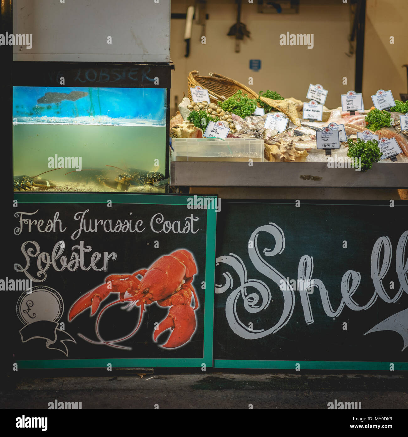 London, UK - November 2017. Fishmonger stall in Borough Market, one of ...