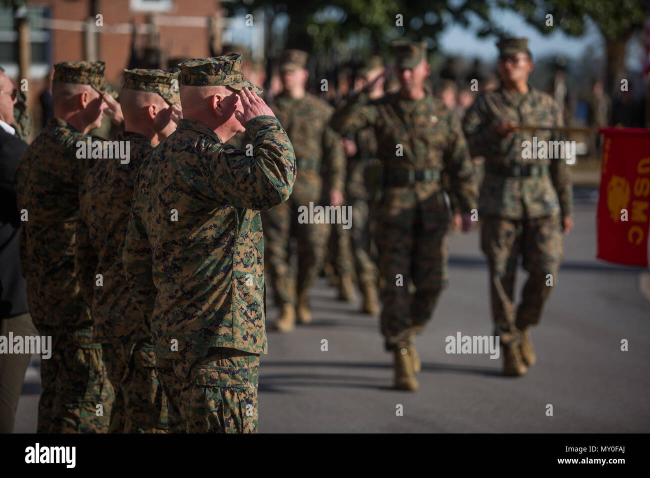 Major Gen. Miller and various sergeants major stand as Marines with II ...