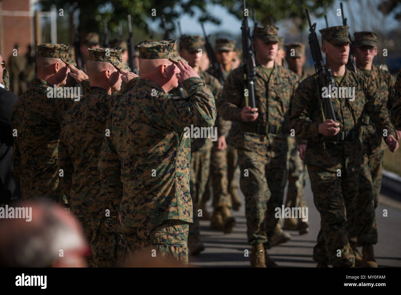 Major Gen. Miller and various sergeants major stand as Marines with II ...