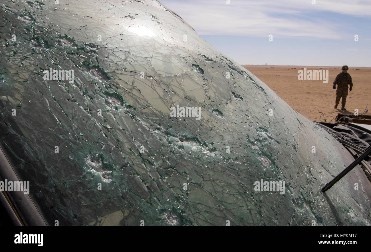 A truck peppered with holes from the tungsten steel pellets from the ...