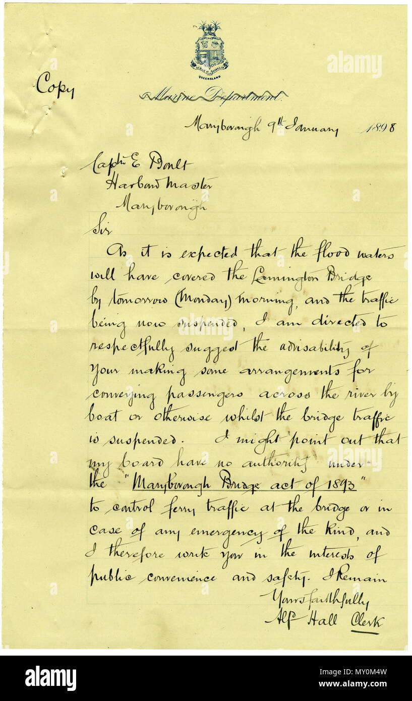 Letter to Harbour Master Maryborough, 9 January 1898. Letter to Edward ...