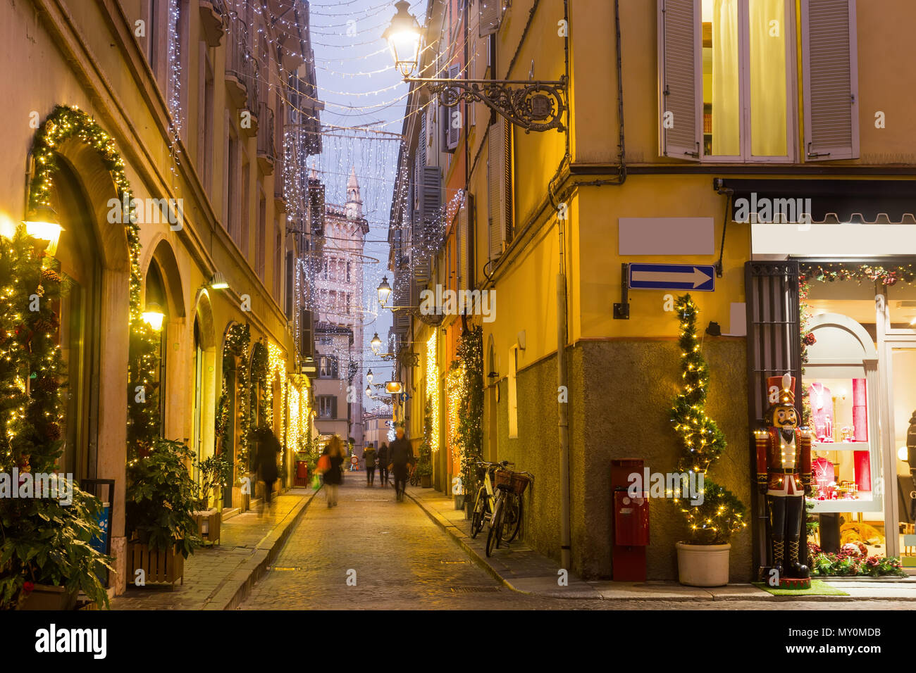 Streets of night Parma with Christmas illumination in Italy outdoor ...