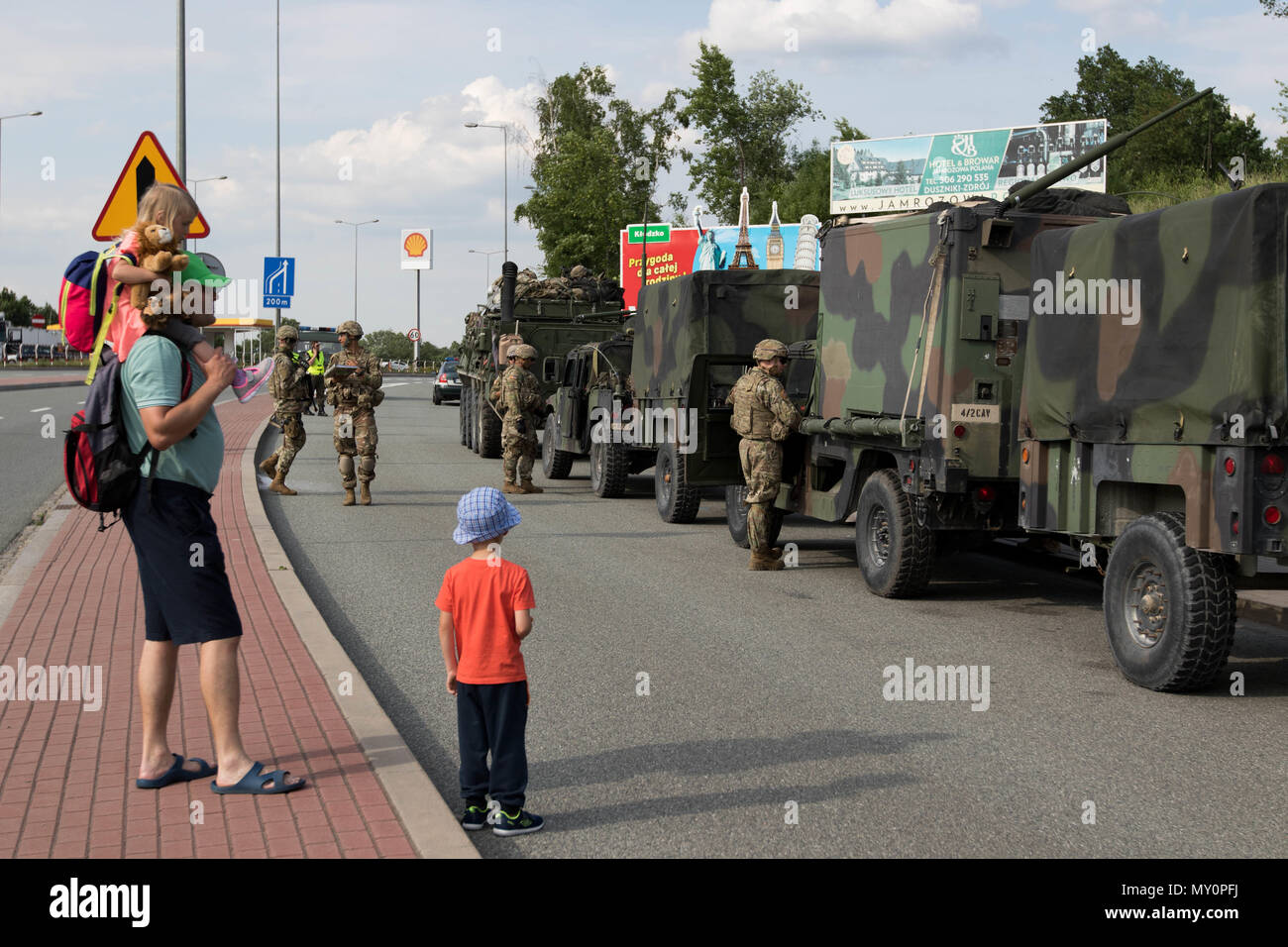 Locals of Nachod, Czechia, watch Soldiers of 2nd Cavalry Regiment (2CR ...