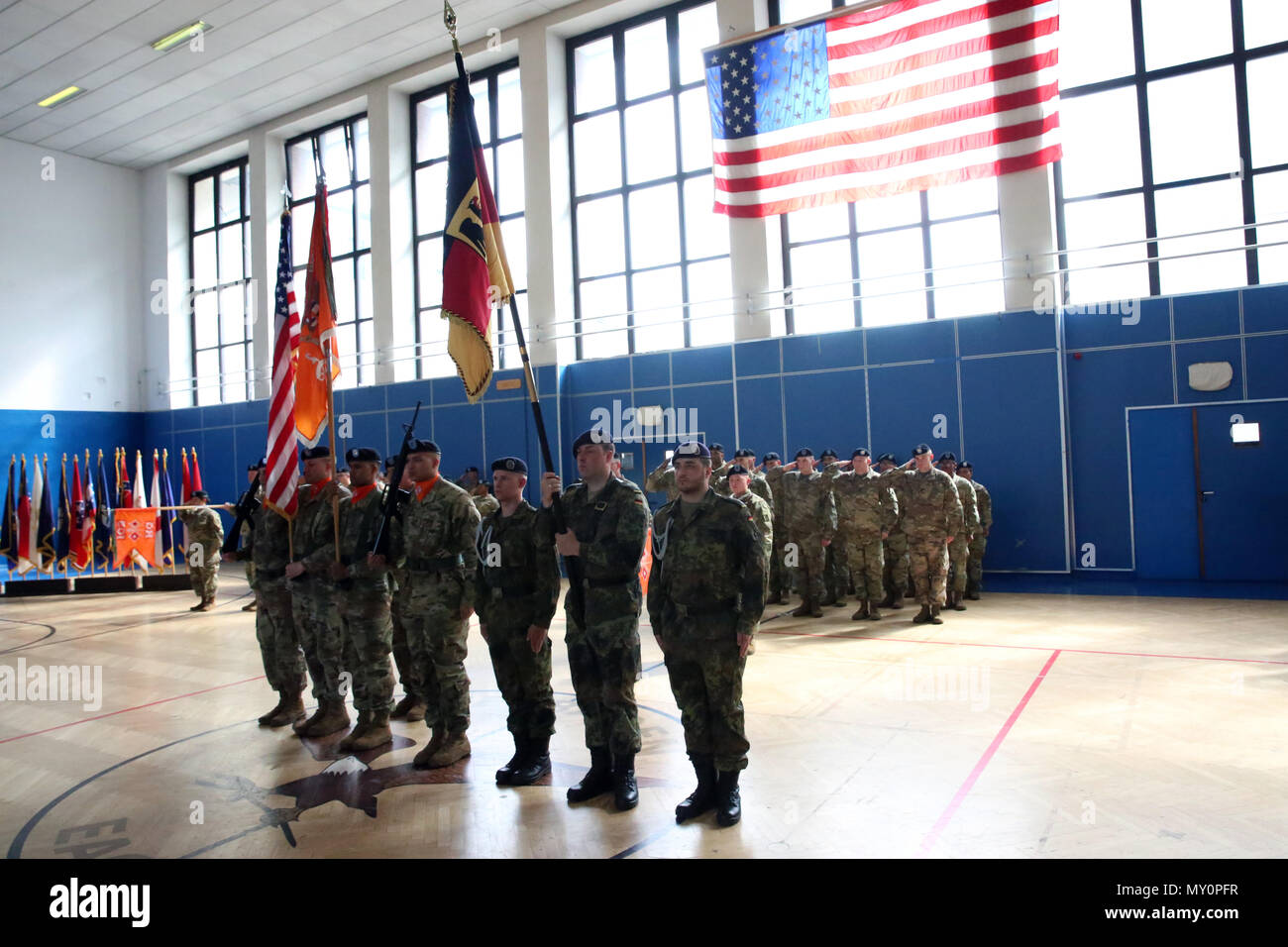A color guard of U.S. Soldiers assigned to the 102nd Strategic Signal ...