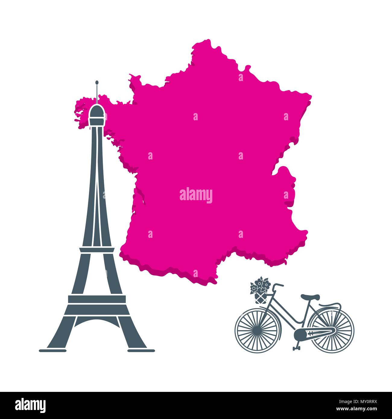 Map of France, famous tower of Paris, bicycle with a basket of flowers ...