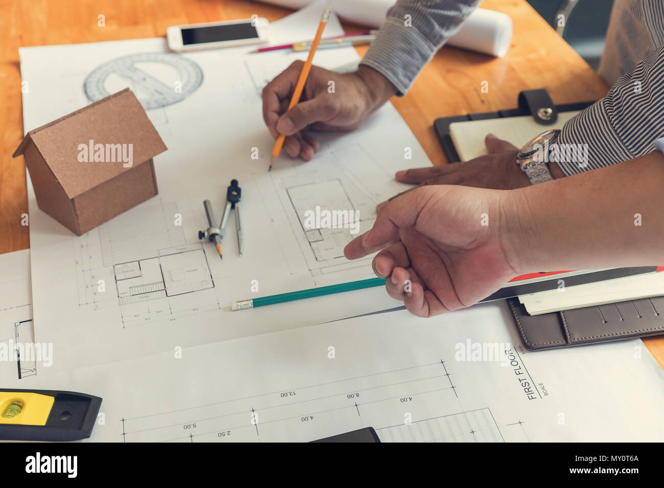 Engineer and Architect concept, Engineer Architects office team working ...