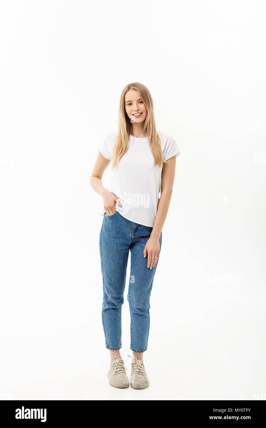 Beautiful standing woman model posing isolated on a white background ...