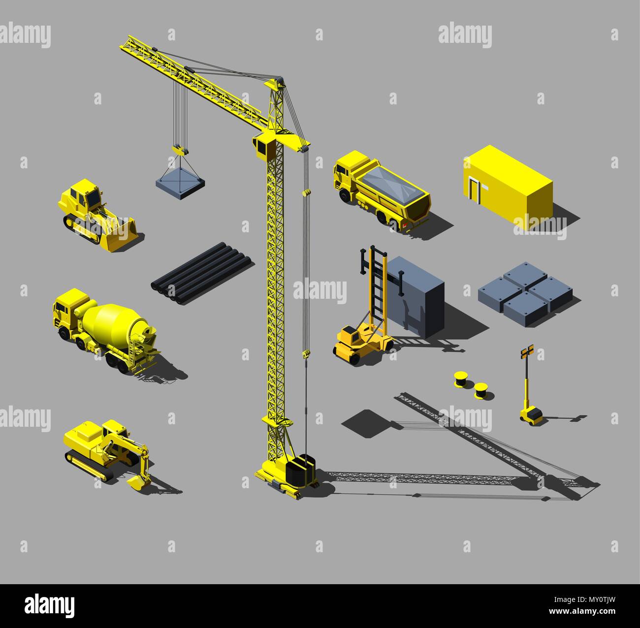 Construction vehicles and objects. Vector isometric illustration Stock ...