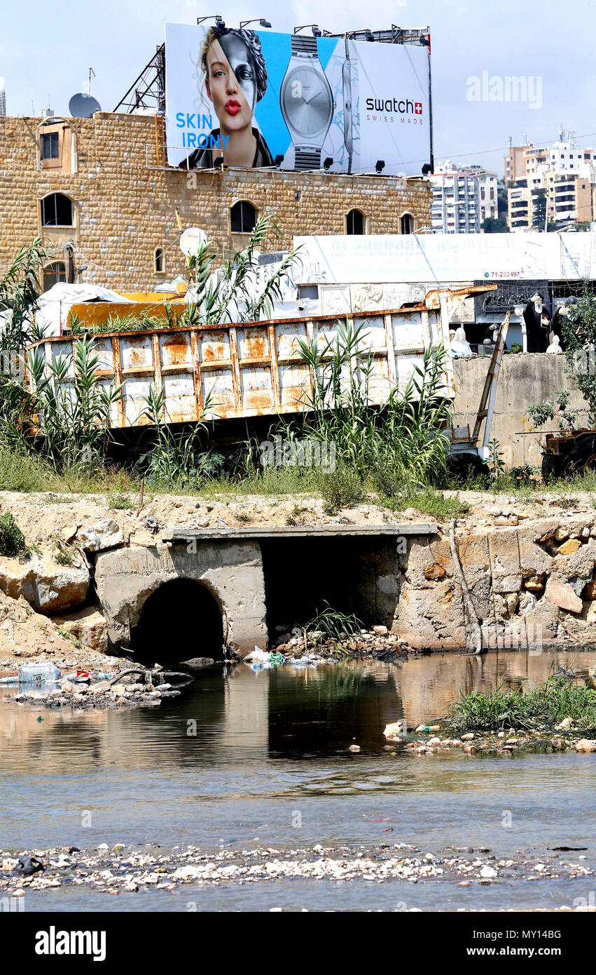 Beirut. 5th June, 2018. Photo taken on June 5, 2018 shows a drain ...
