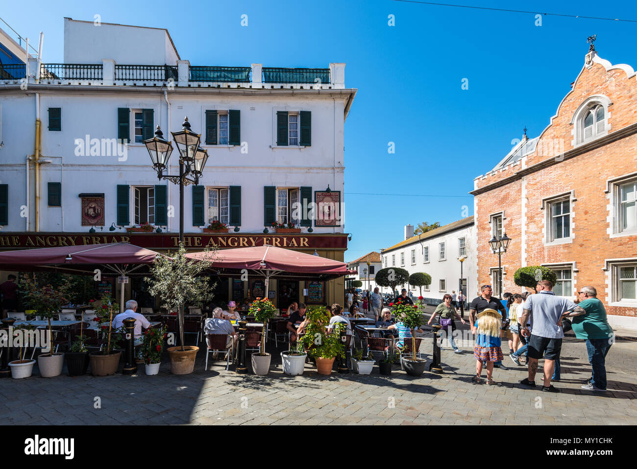 Gibraltar, UK - May 18, 2017: Tourists enjoying in The Angry Friar ...