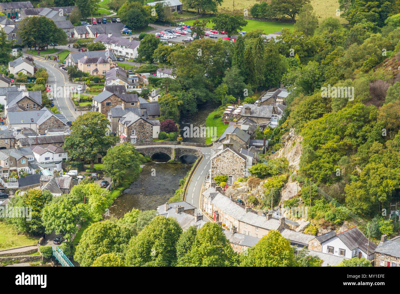 Village of Beddgelert, seen from above, Snowdonia, North Wales, United ...