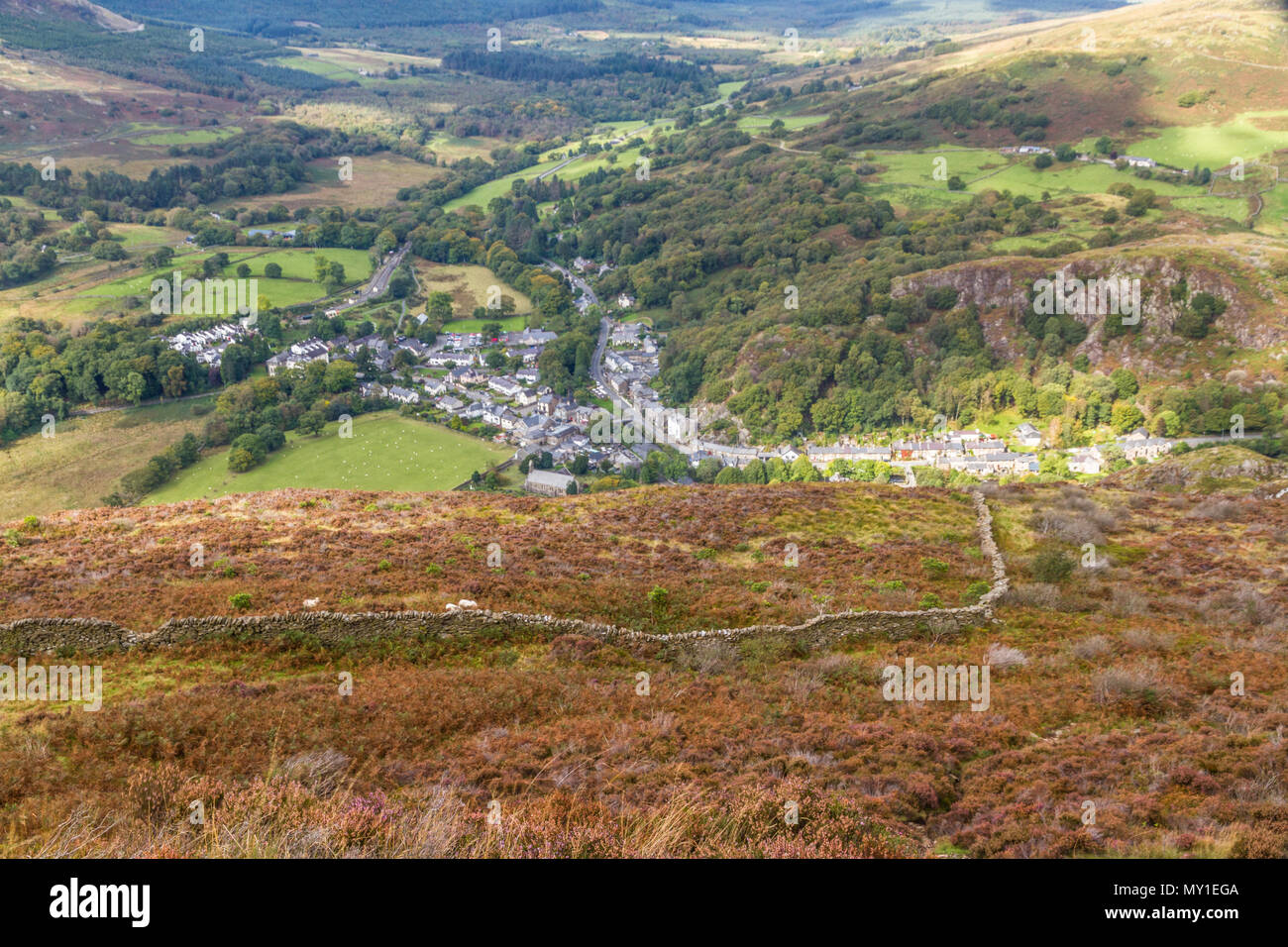 Village of Beddgelert, seen from above, Snowdonia, North Wales, United ...