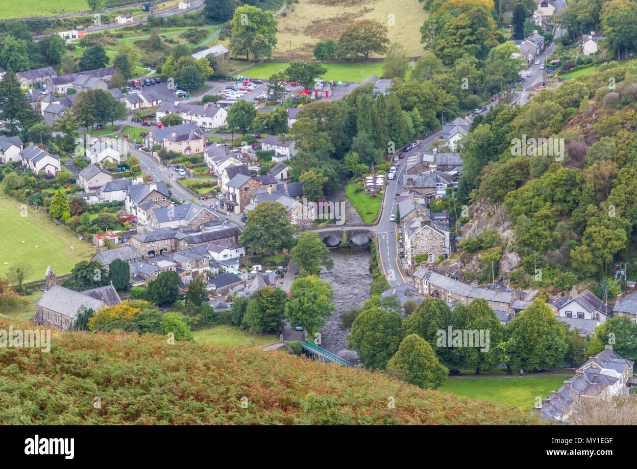 Village of Beddgelert, seen from above, Snowdonia, North Wales, United ...