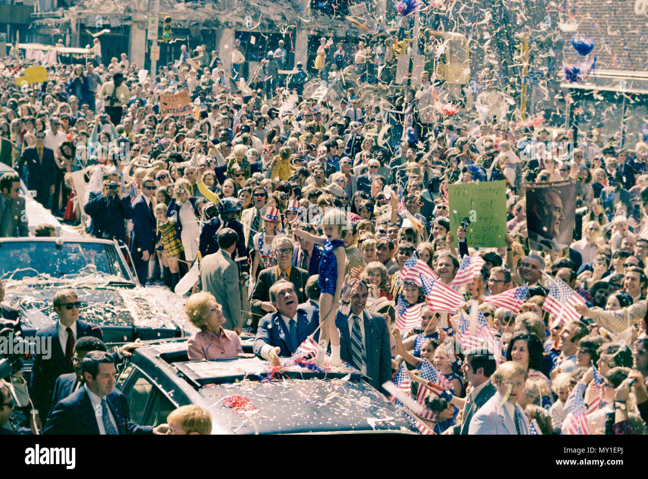October 12, 1972. President Nixon and Pat Nixon standing and waving to ...