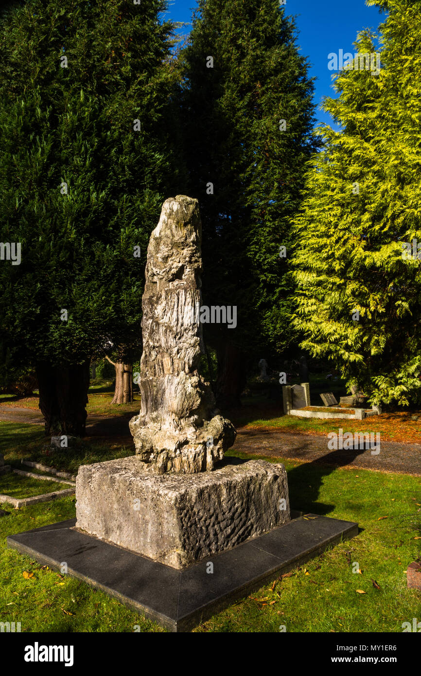 Petrified tree on top of grave of Alfred Wallace, Broadstone, Dorset ...