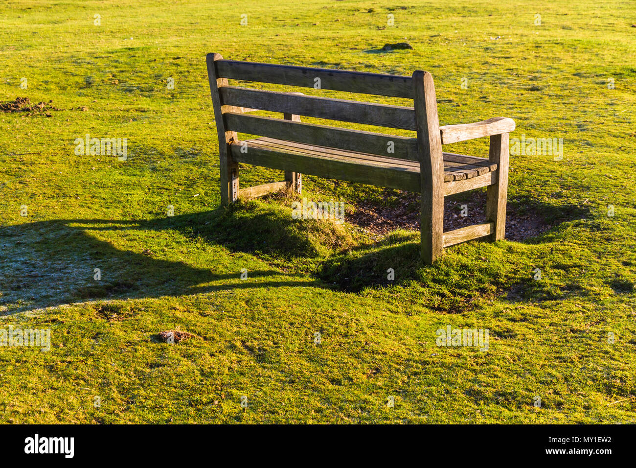 Bench casting shadow in morning sun Stock Photo - Alamy