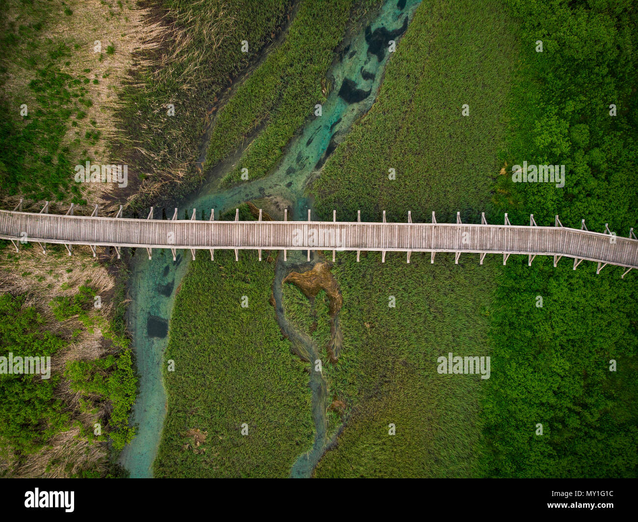 Wooden footbridge in Zelenci Natural Reserve,Slovenia. Aerial drone ...