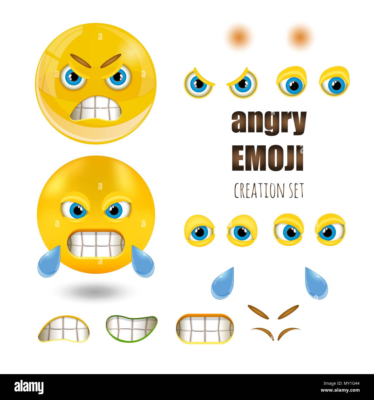 Yellow angry smiley emoticons creation set, emoji, vector illustration ...