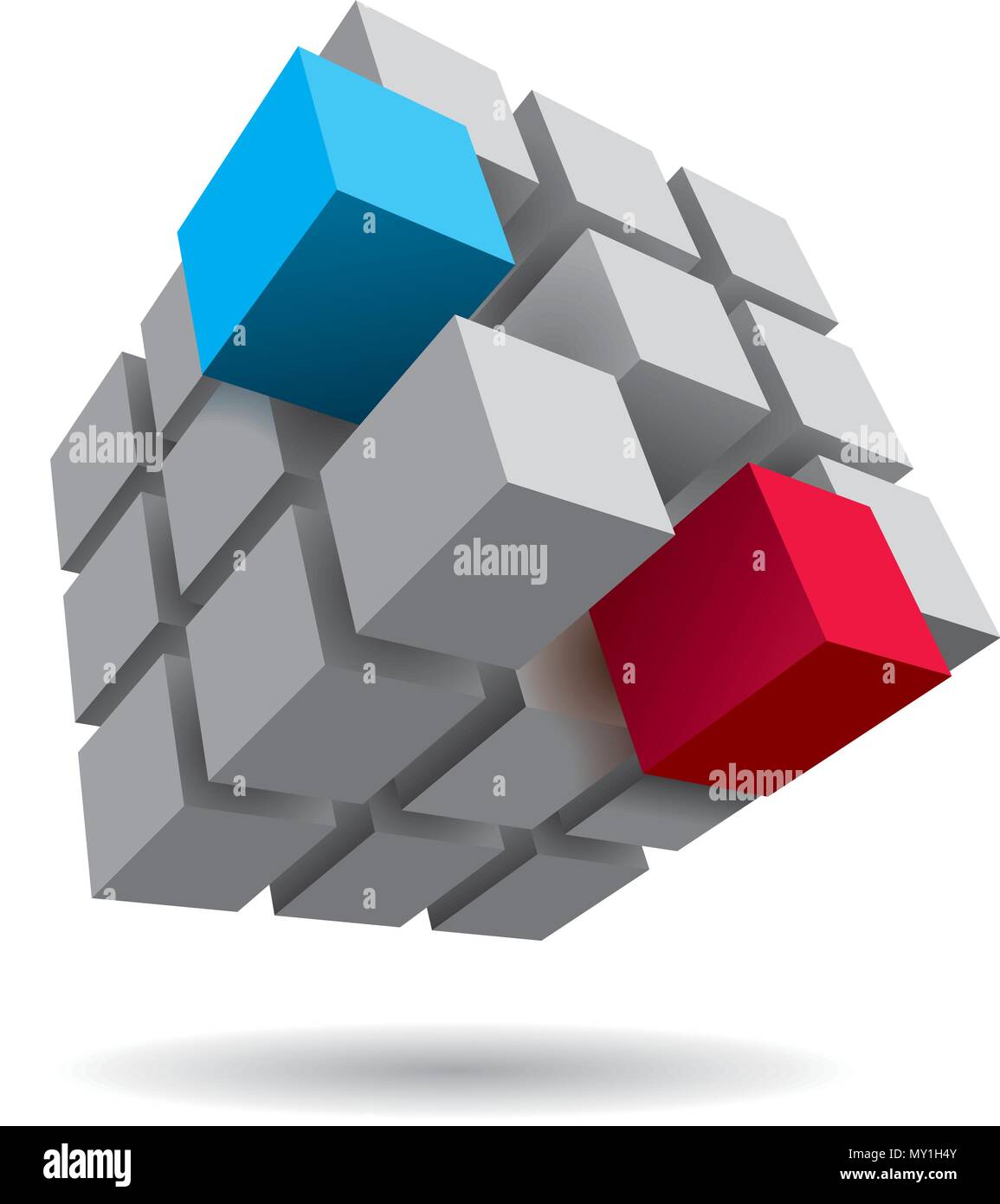 Cube assembled of blocks,puzzle blocks, two of which is blue and red ...
