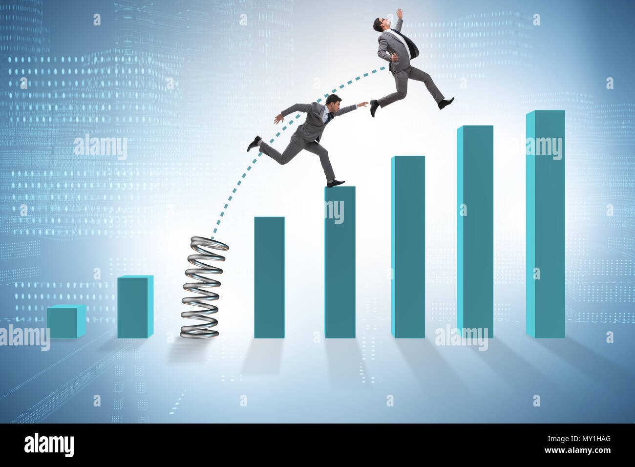 Business people jumping over bar charts Stock Photo - Alamy