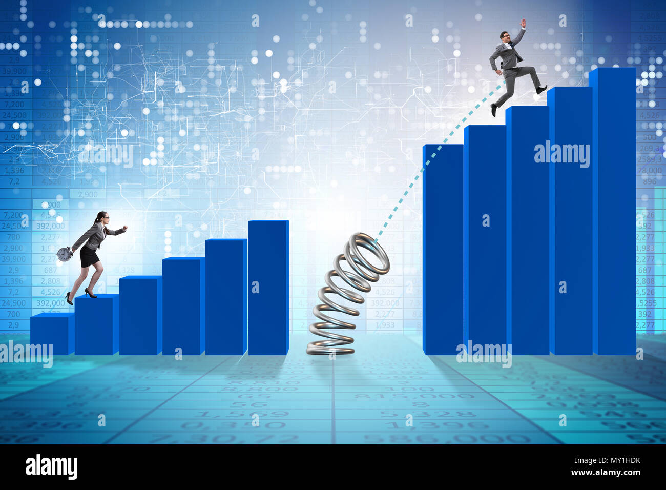 Business people jumping over bar charts Stock Photo - Alamy