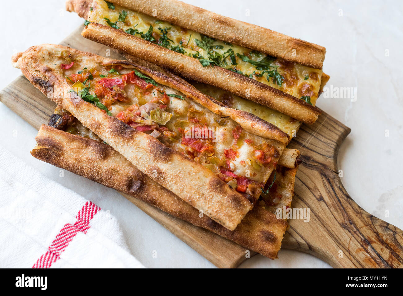 Turkish Pastry Konya Mevlana Pide with Cubed Meat and Melted Cheese ...