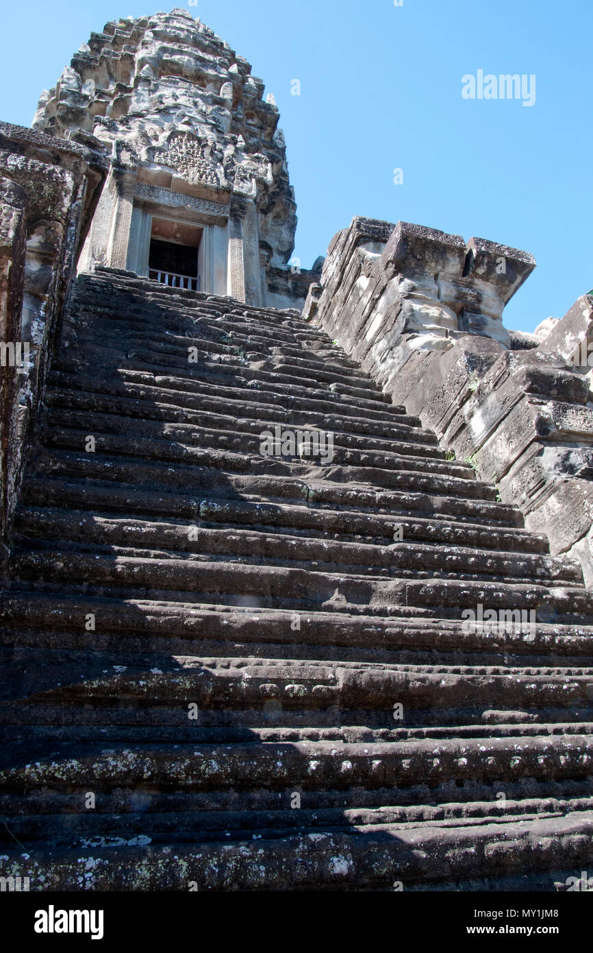 Angkor Cambodia, preserved 12th century Angkor Wat temple steep ...