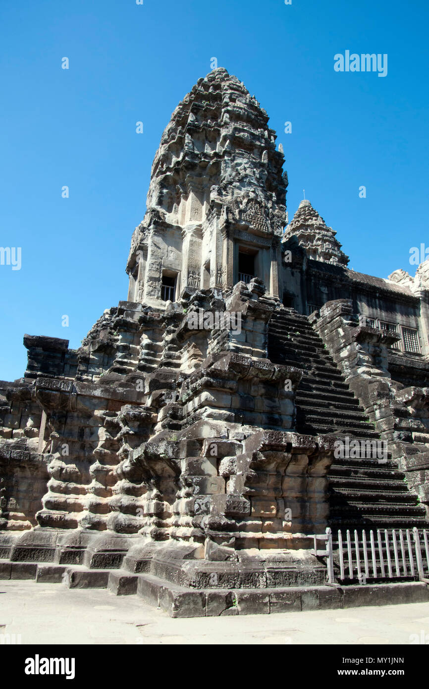 Angkor Cambodia, preserved 12th century Angkor Wat temple with steep ...