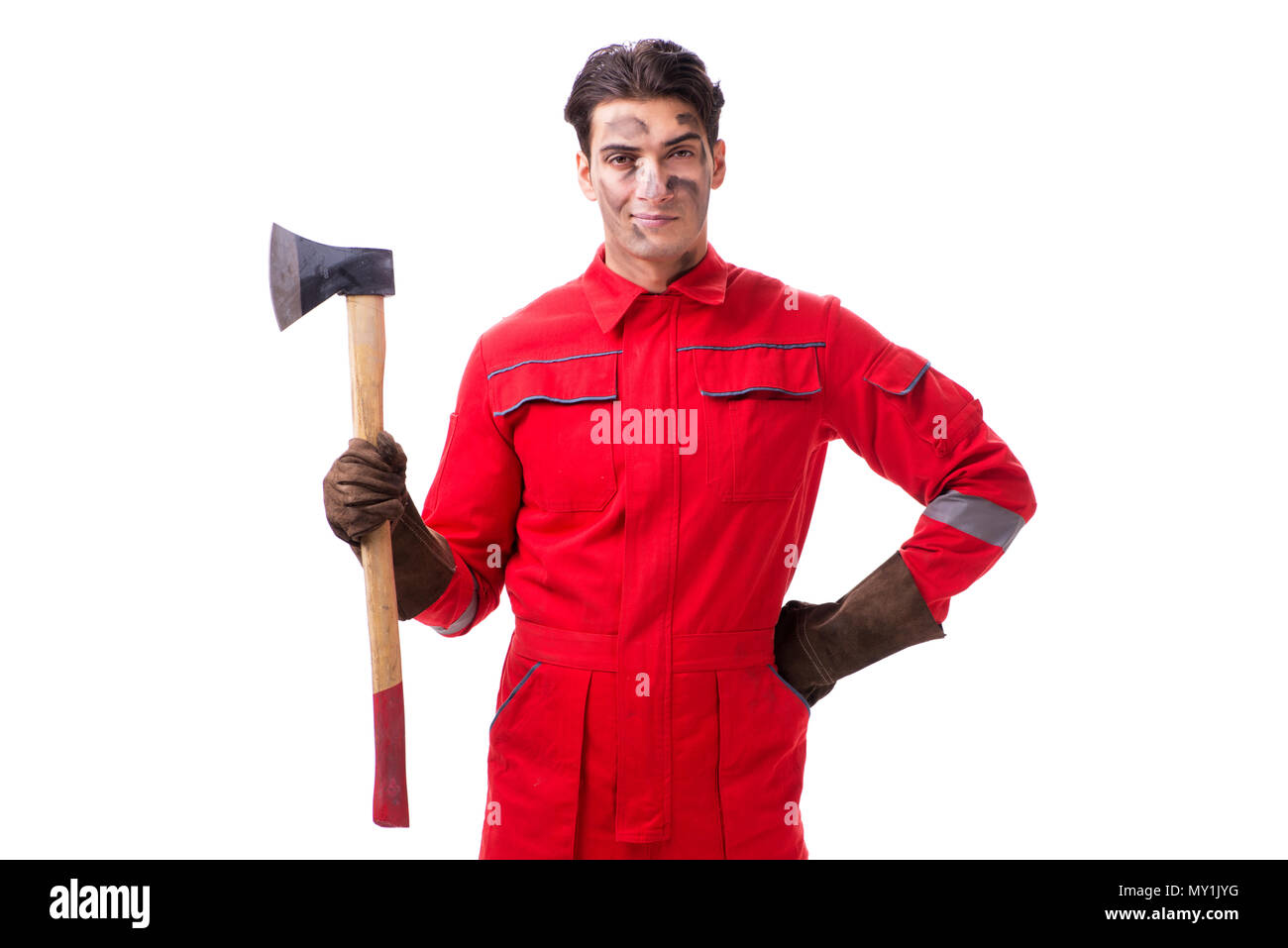 Contractor employee with axe on white background Stock Photo - Alamy