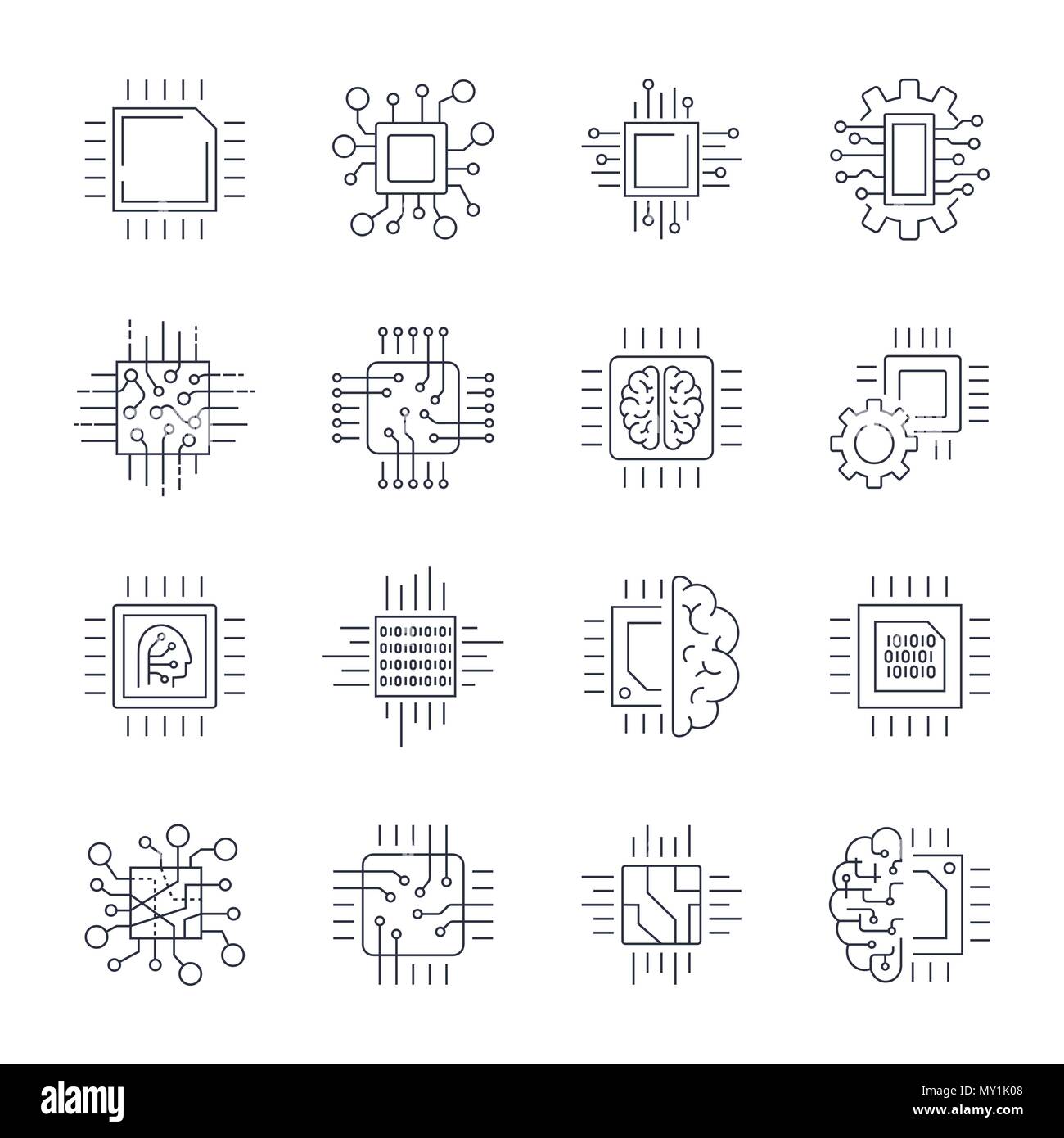 CPU Microprocessor and Chips Icons Set. Vector. Editable Stroke Stock ...