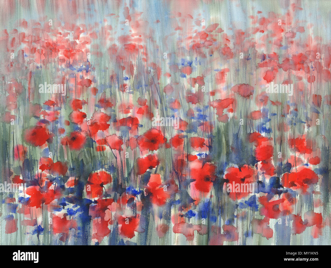 poppy field watercolor background Stock Photo - Alamy