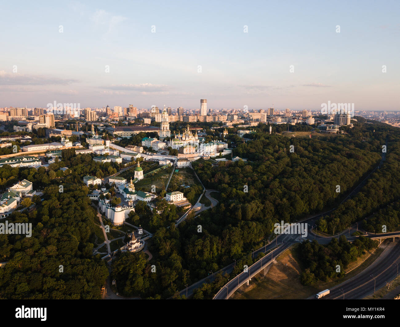 Aerial top view of Kiev Pechersk Lavra churches on hills from above ...