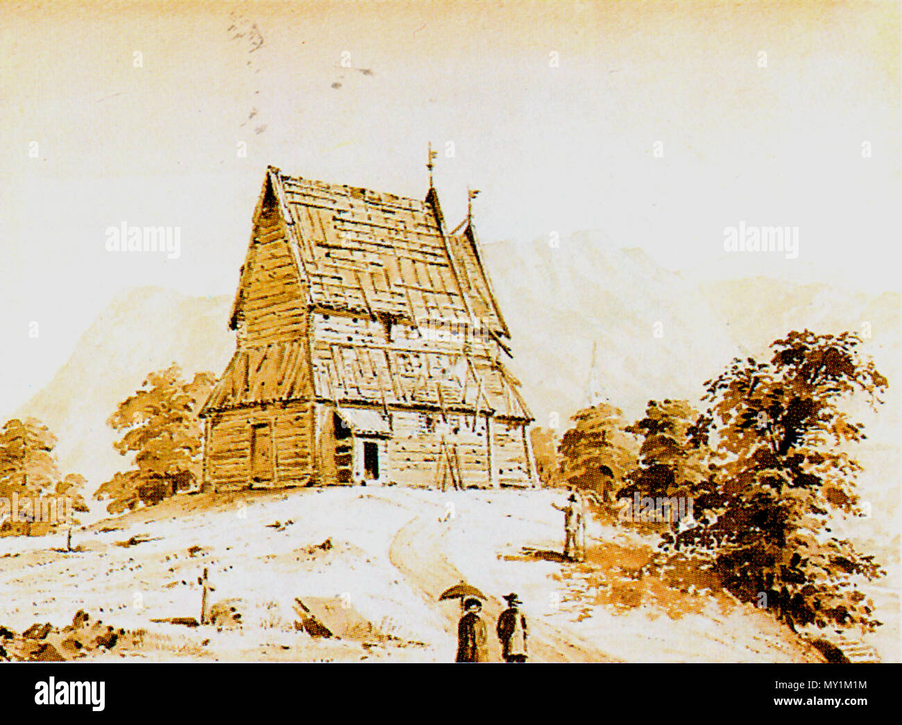 . English: Drawing in 1884 of the stave church Hopperstad . 1884 ...