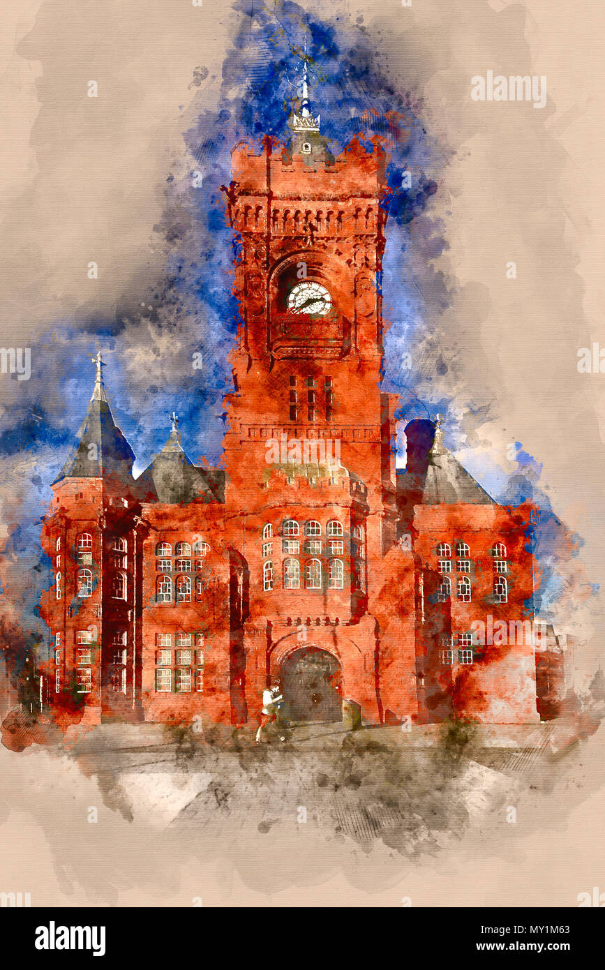 Watercolour painting of Cardiff Bay in Wales Stock Photo - Alamy