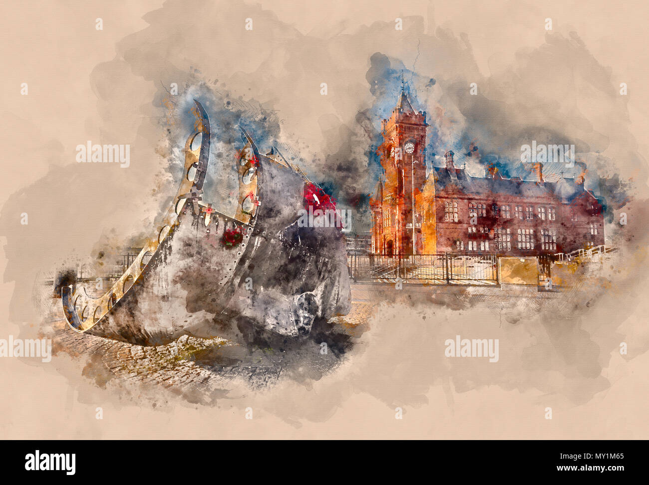 Watercolour painting of Cardiff Bay in Wales Stock Photo - Alamy