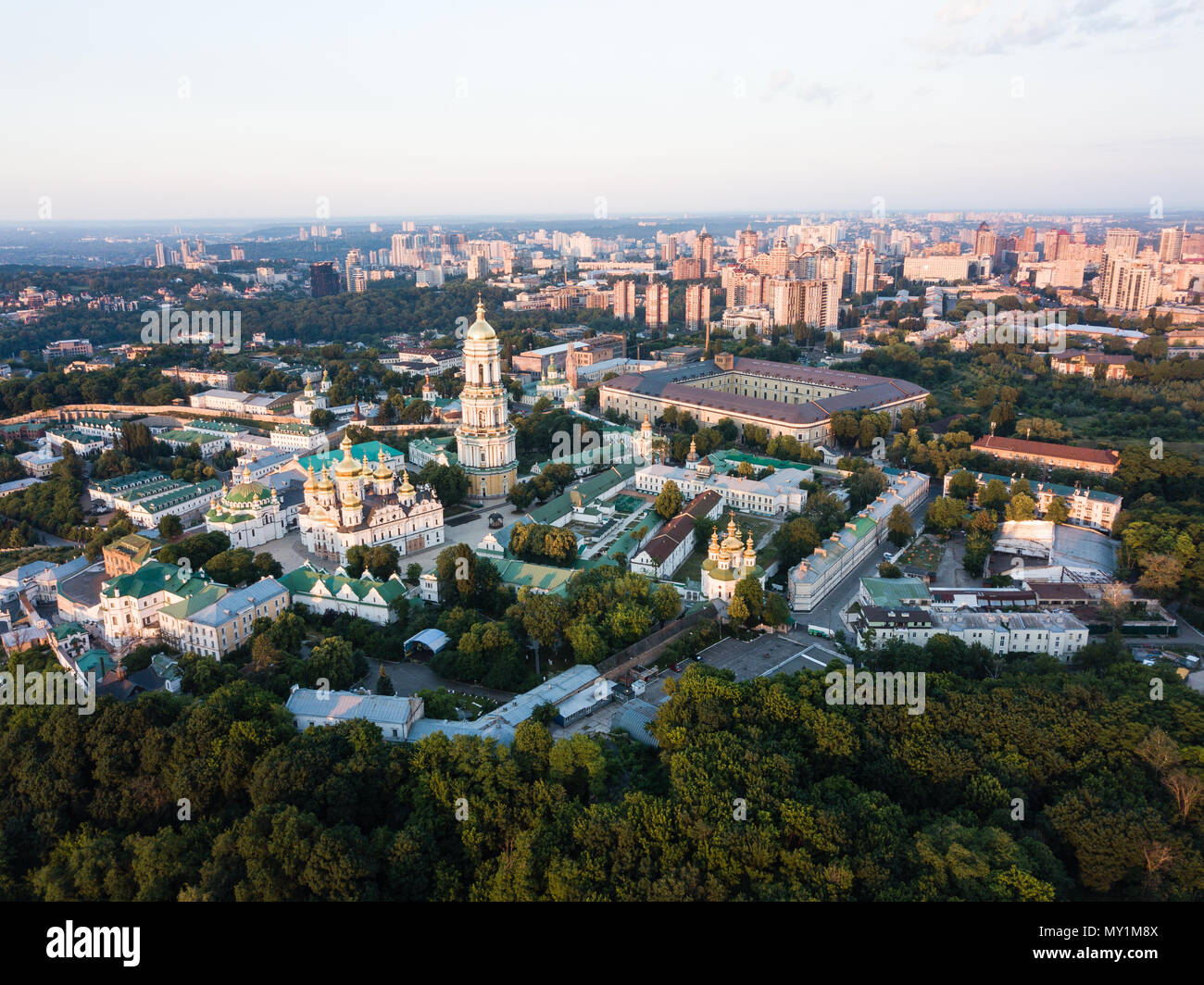 Aerial top view of Kiev Pechersk Lavra churches on hills from above ...