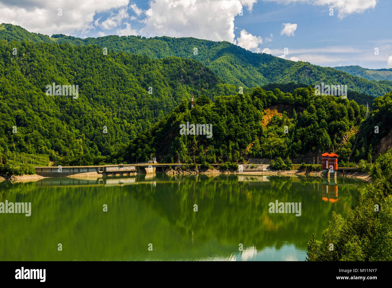 Landscape with Olt river in Romania surrounded by forest and mountains ...