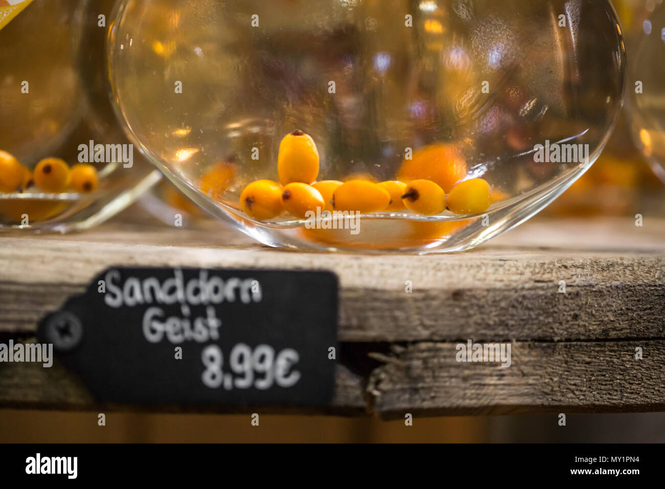 the price tag on fruit wooden counter in Germany Stock Photo - Alamy
