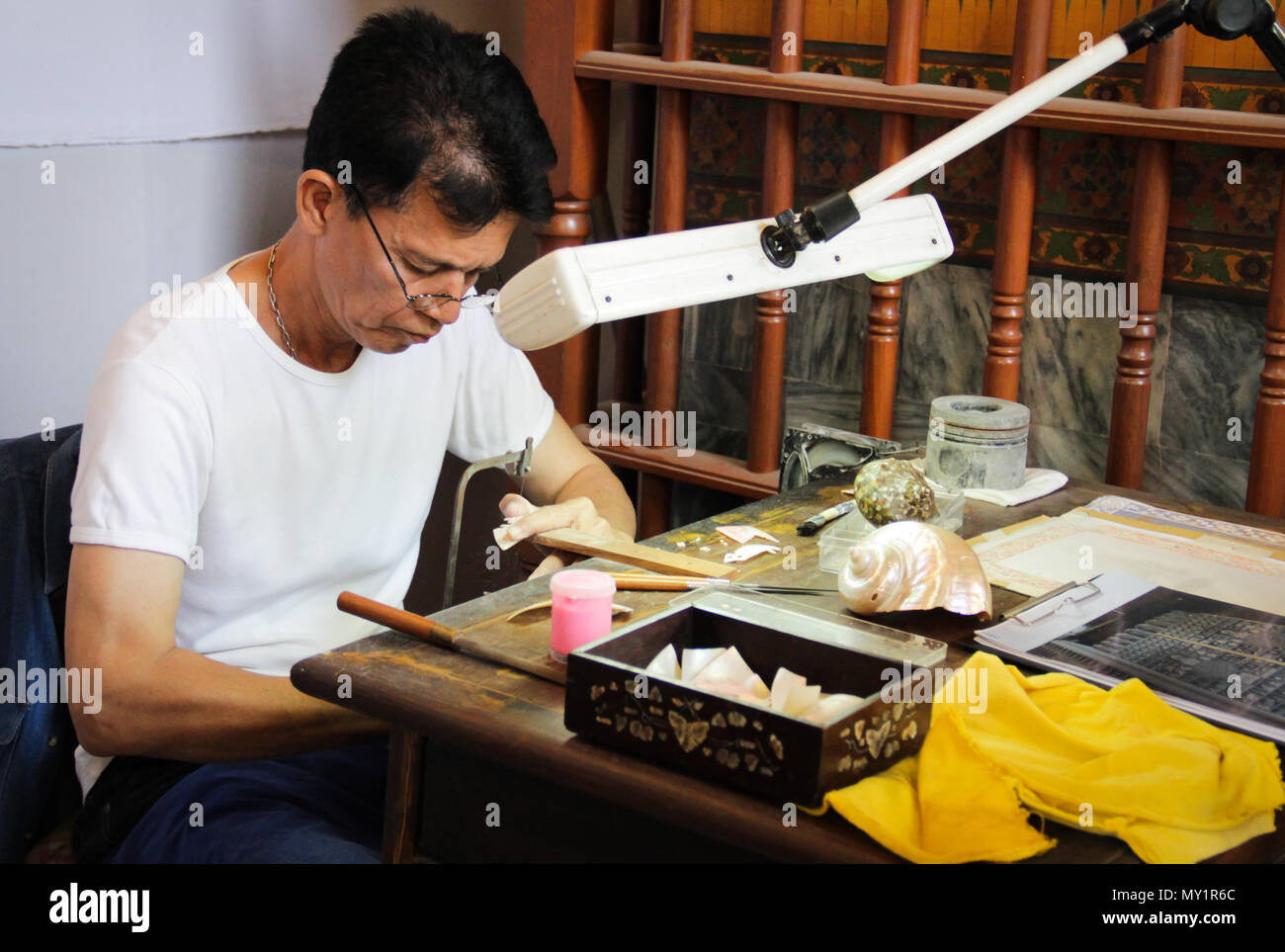 Thailand Craftsman Focus on Wood Crafting Stock Photo - Alamy