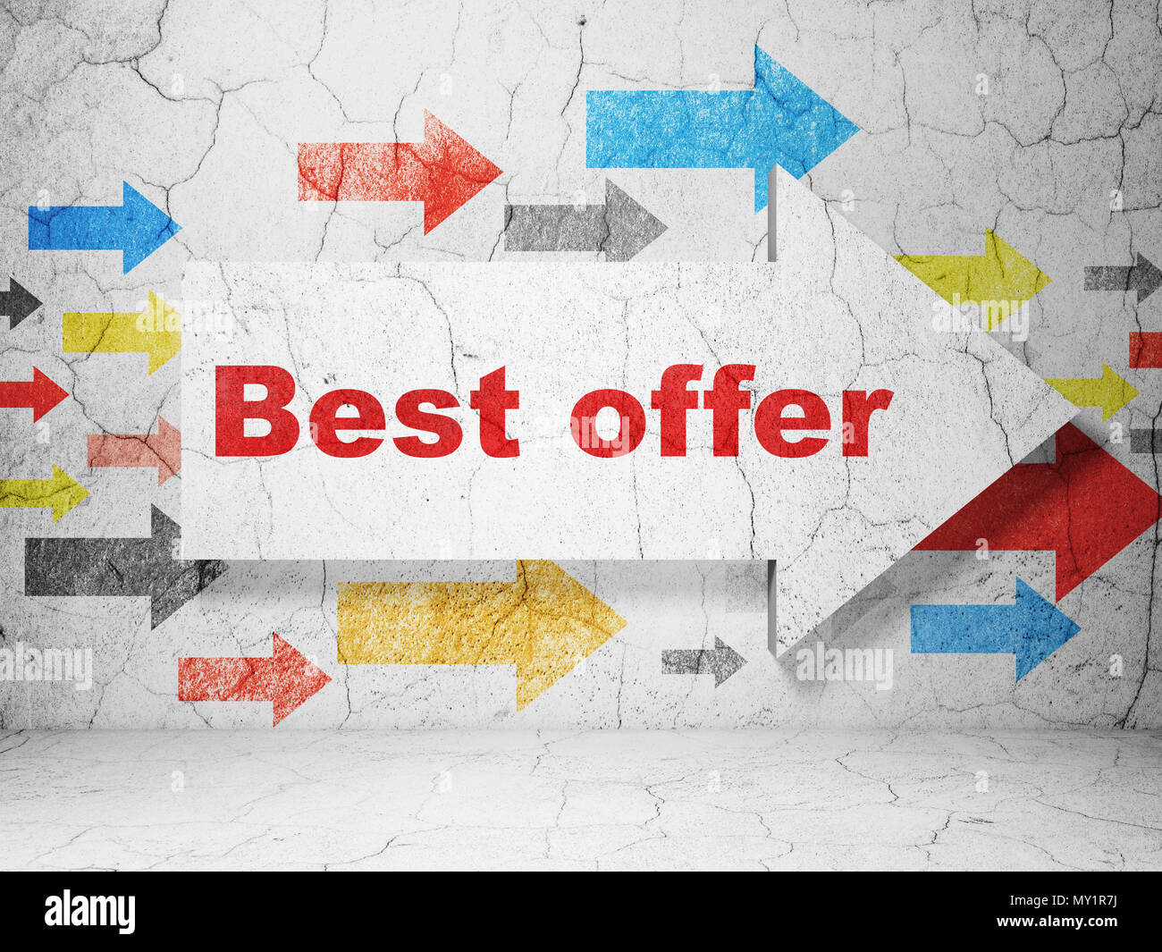 Advertising concept: arrow with Best Offer on grunge wall background ...