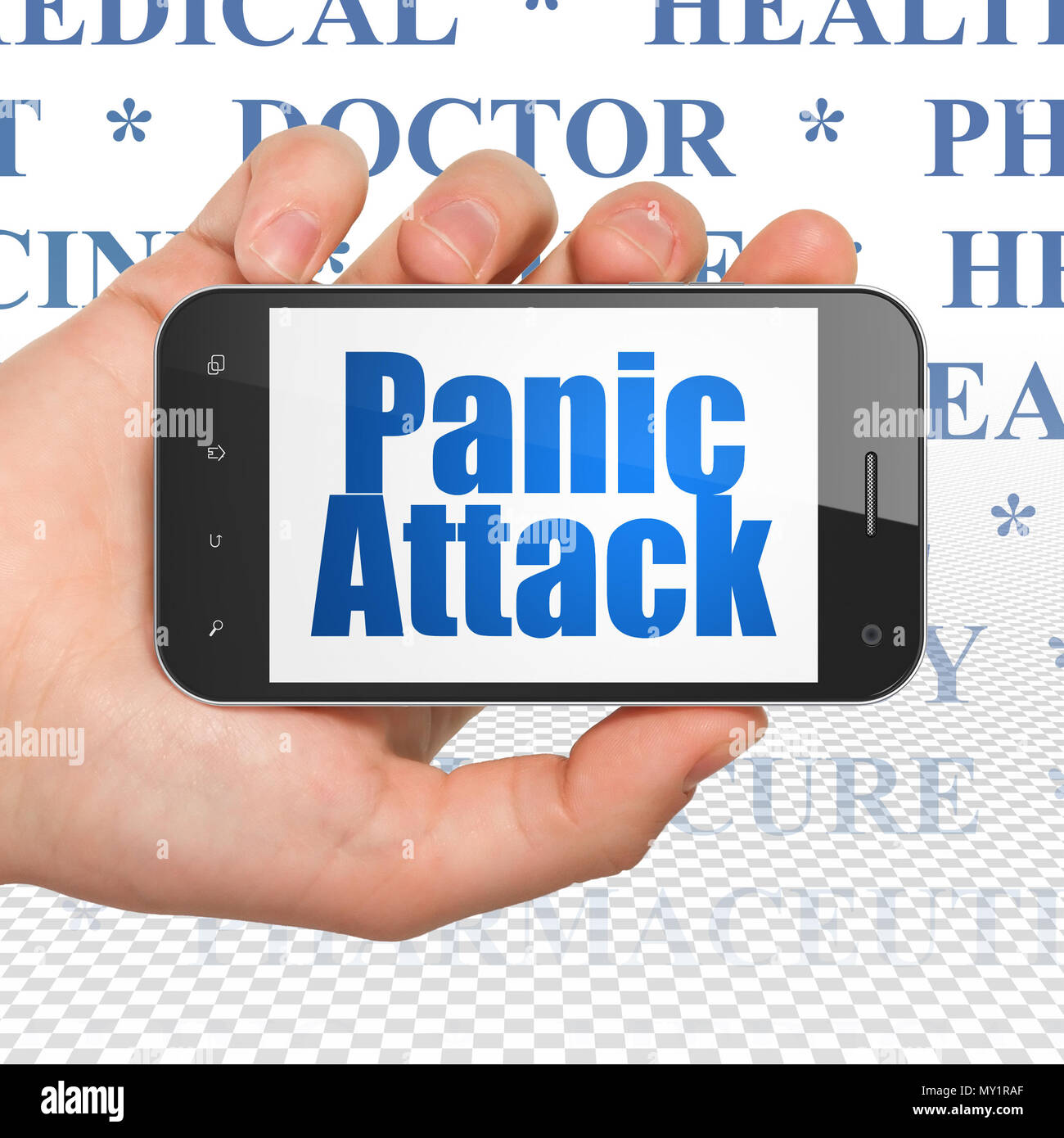 Medicine concept: Hand Holding Smartphone with Panic Attack on display ...