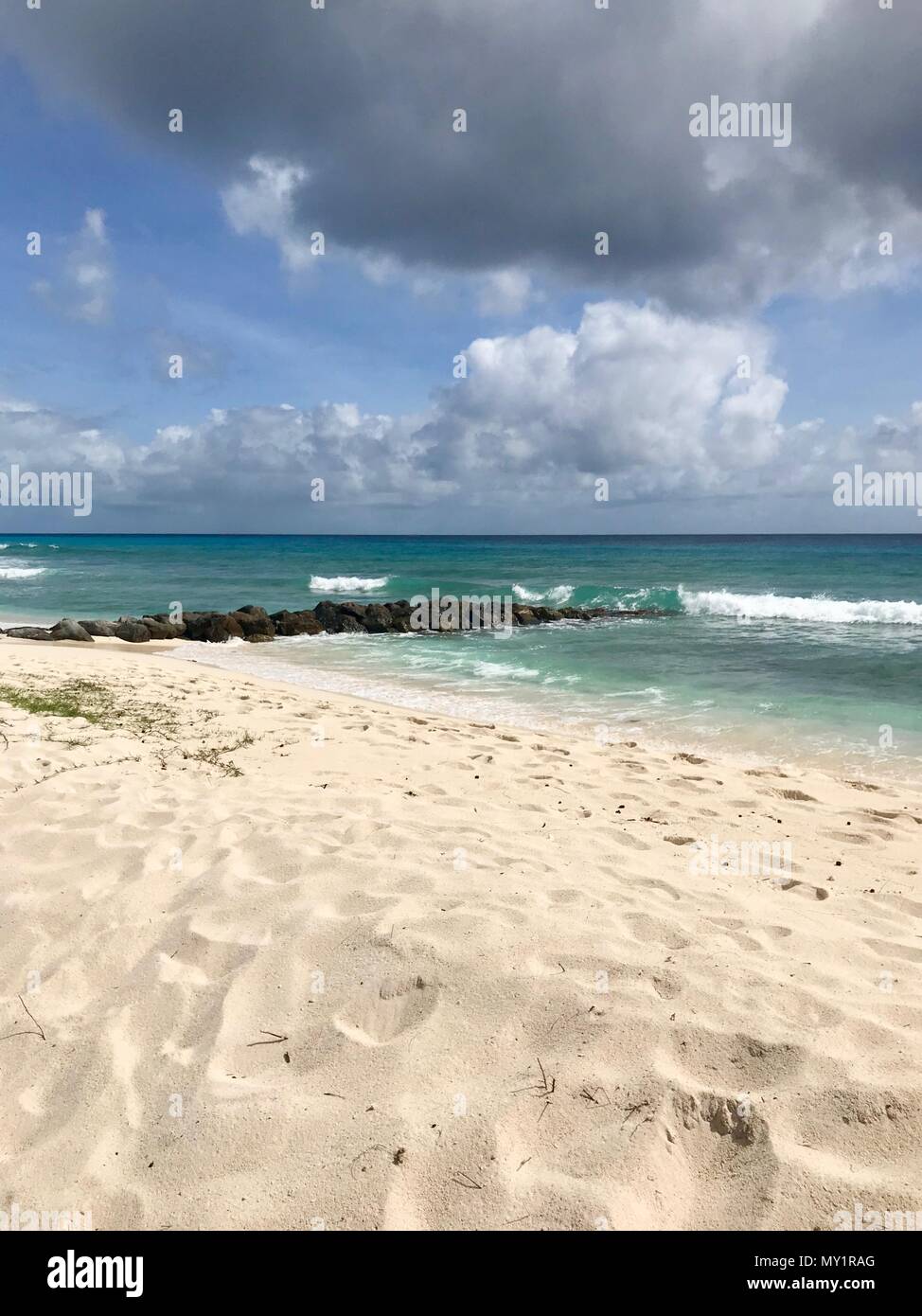 Beautiful panoramic view of an scenic untouched sand beach in Barbados ...