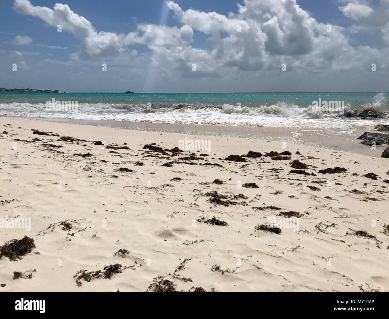 Beautiful panoramic view of an scenic untouched sand beach in Barbados ...